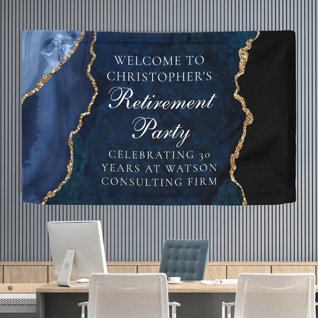 Elegant Navy Blue Gold Agate Retirement Party Banner | Zazzle