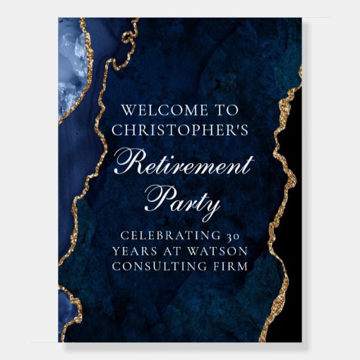 Elegant Navy Blue Gold Agate Retirement Party Foam Board | Zazzle