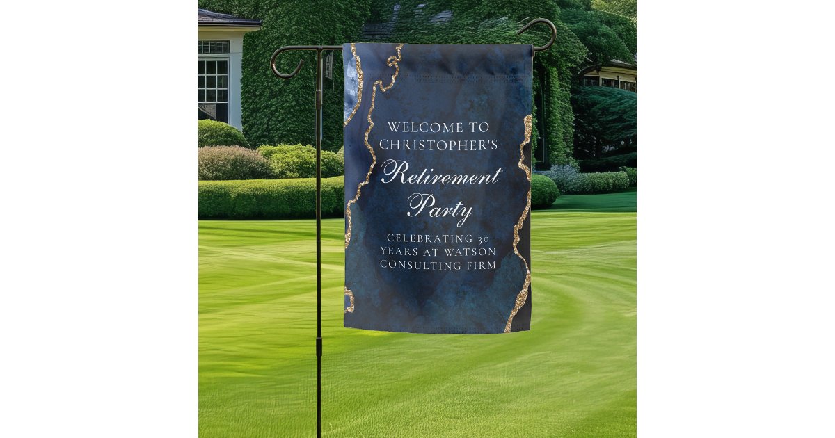 Elegant Navy Blue Gold Agate Retirement Party Garden Flag | Zazzle