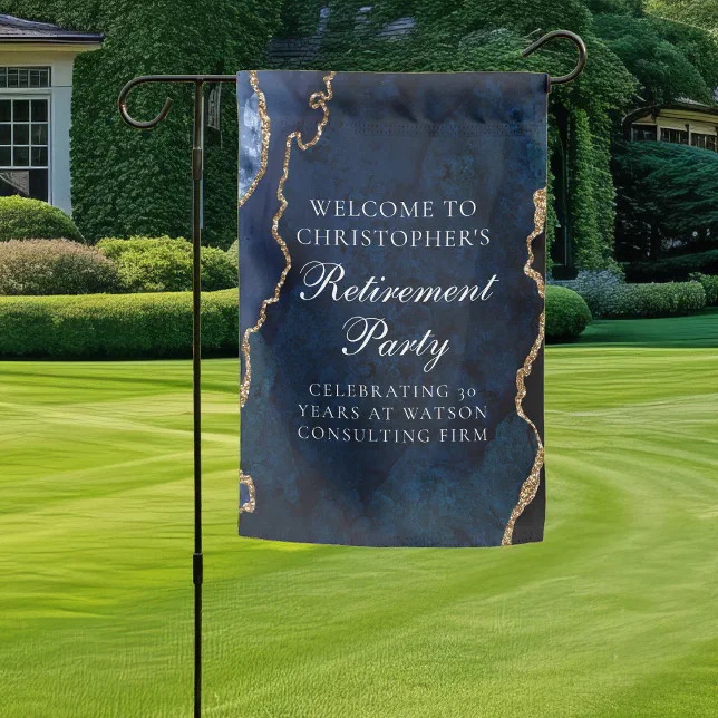 Elegant Navy Blue Gold Agate Retirement Party Garden Flag | Zazzle