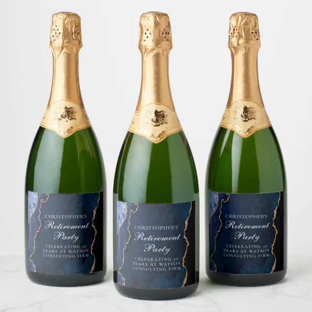 Elegant Navy Blue Gold Agate Retirement Party Sparkling Wine Label | Zazzle