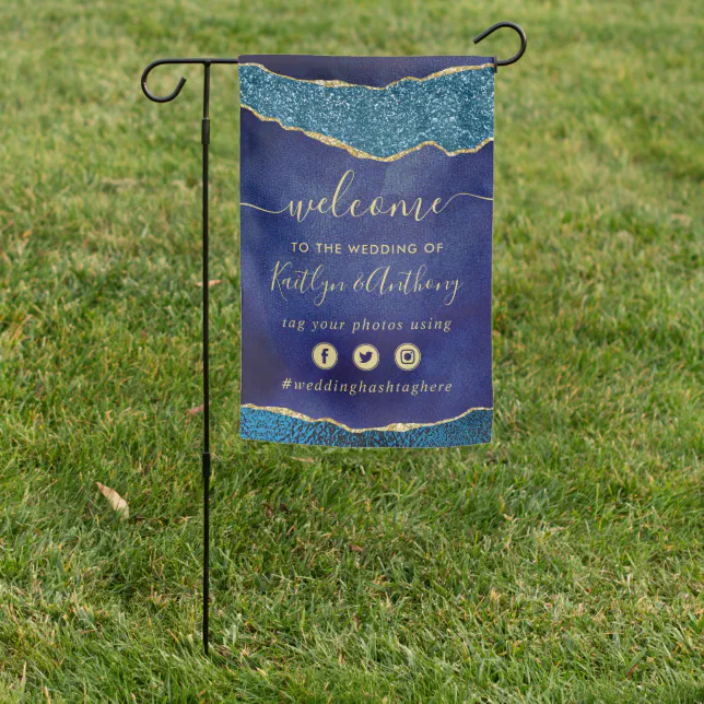 Elegant Navy Blue & Gold Agate Wedding Garden Flag | Zazzle