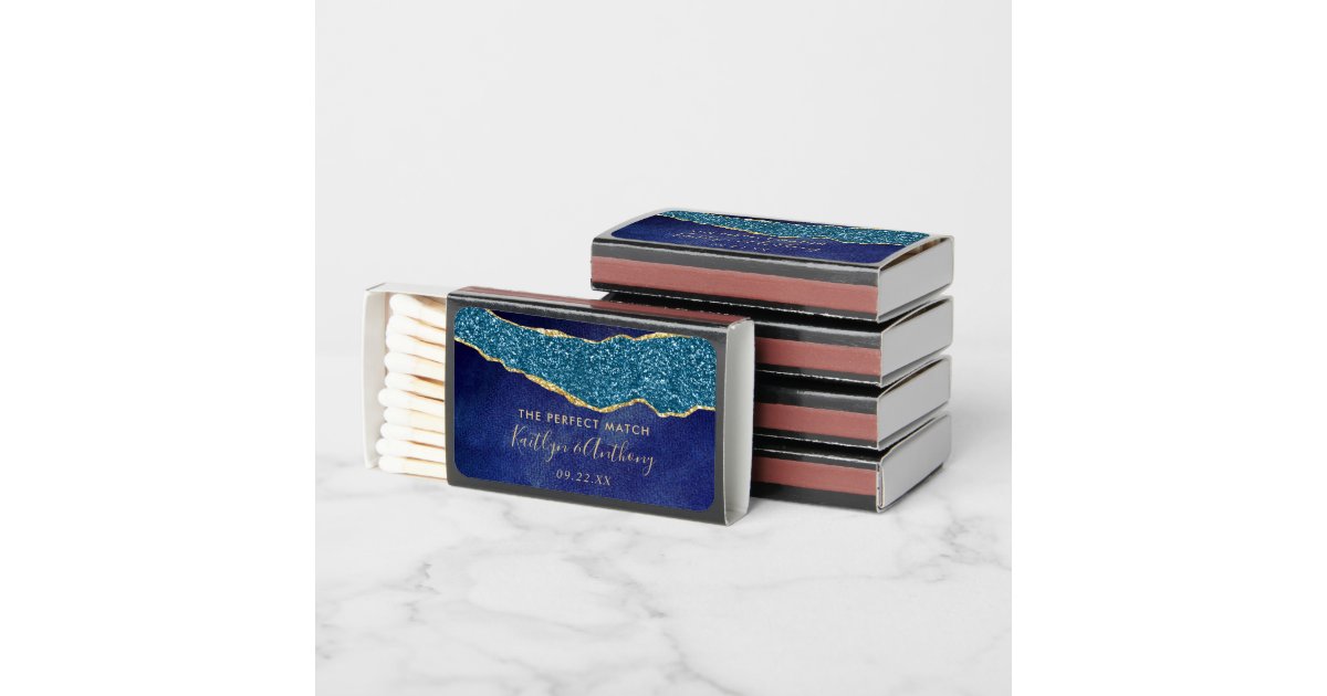 Elegant Navy Blue & Gold Agate Wedding Matchboxes | Zazzle