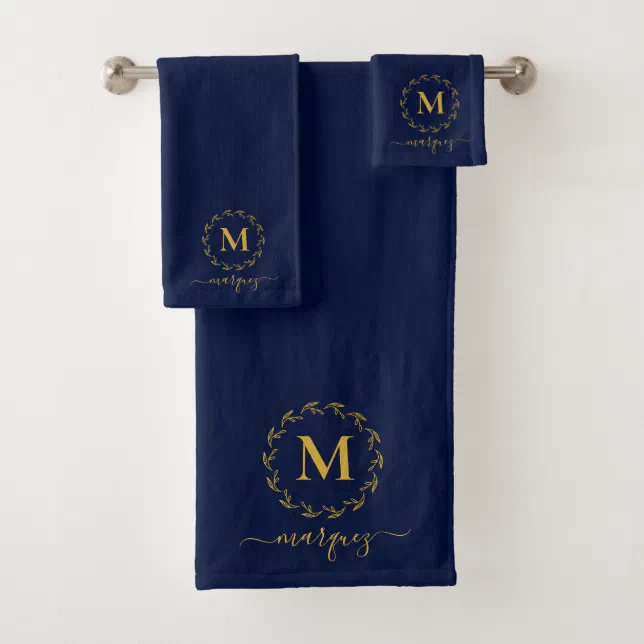 Elegant Navy Blue Gold Botanical Wreath Monogram Bath Towel Set | Zazzle