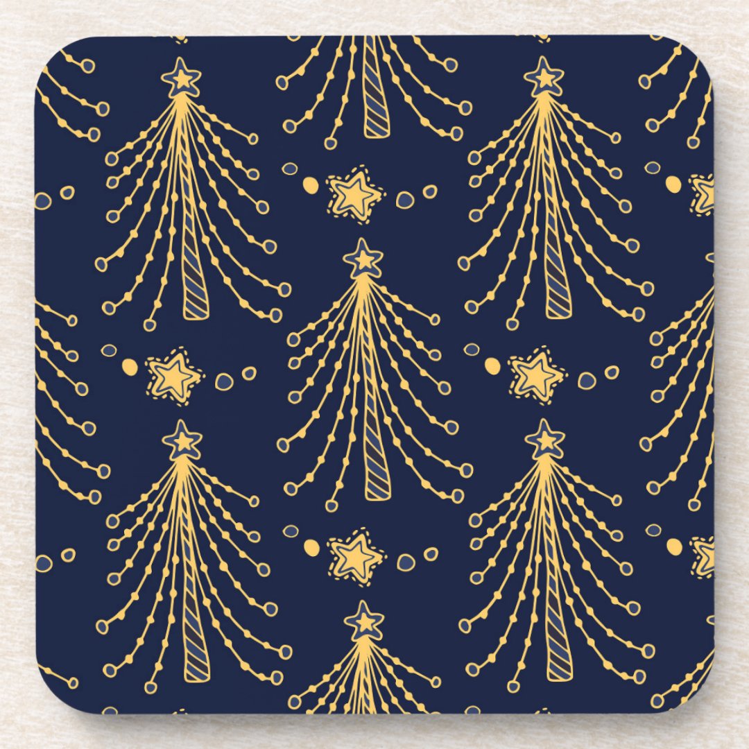 Elegant Navy Blue Gold Christmas Tree Star Pattern Beverage Coaster ...