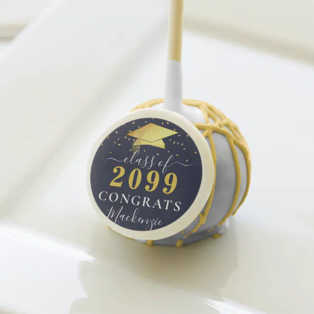 Elegant Navy Blue Gold Confetti Script Graduation Cake Pops | Zazzle