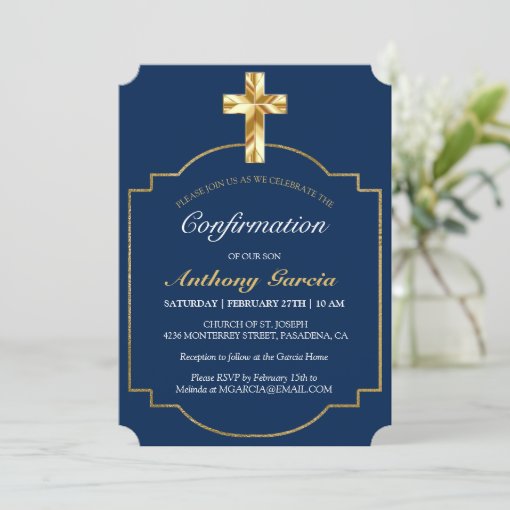 Elegant Navy Blue Gold Cross Boys Confirmation Invitation | Zazzle