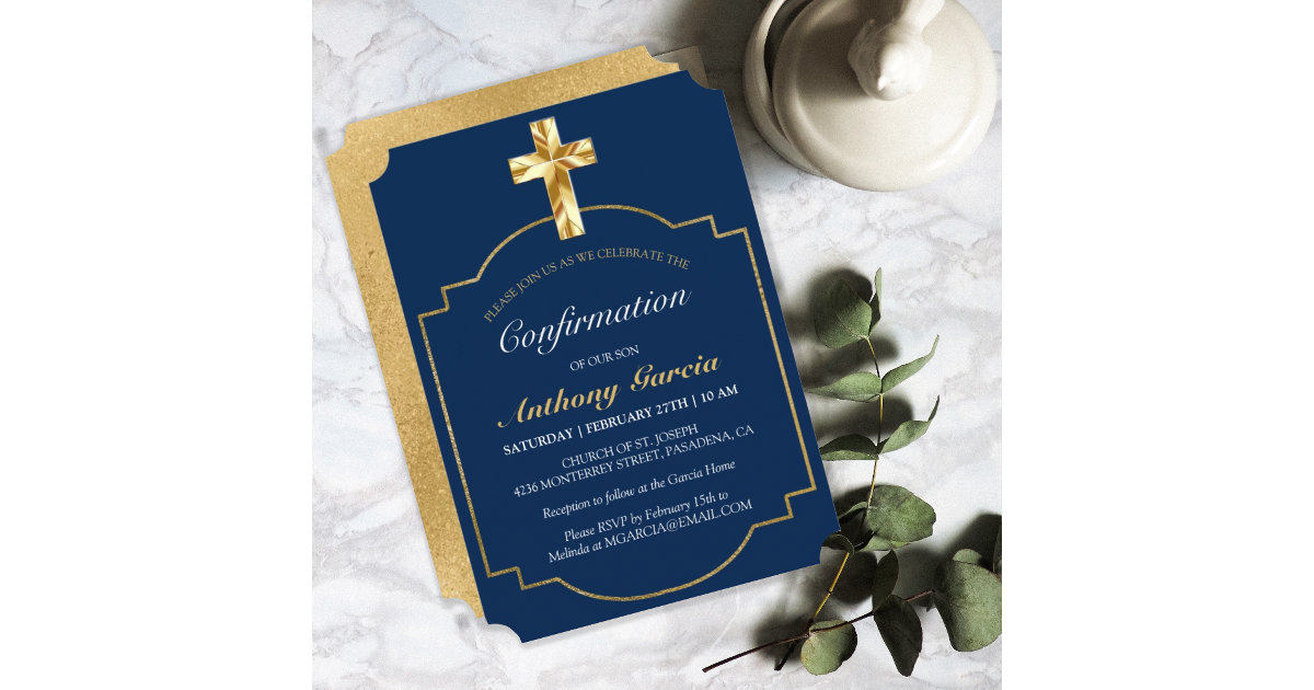 Elegant Navy Blue Gold Cross Boys Confirmation Invitation | Zazzle