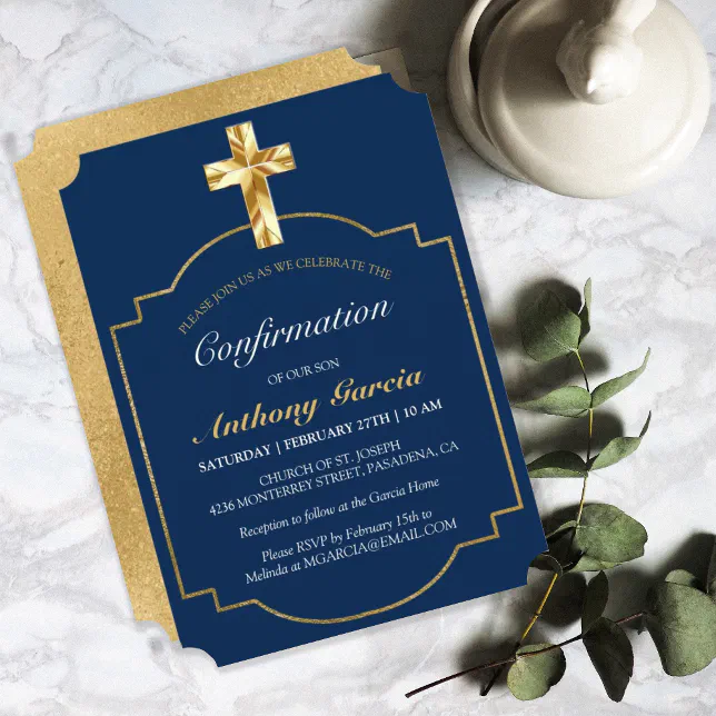 Elegant Navy Blue Gold Cross Boys Confirmation Invitation | Zazzle