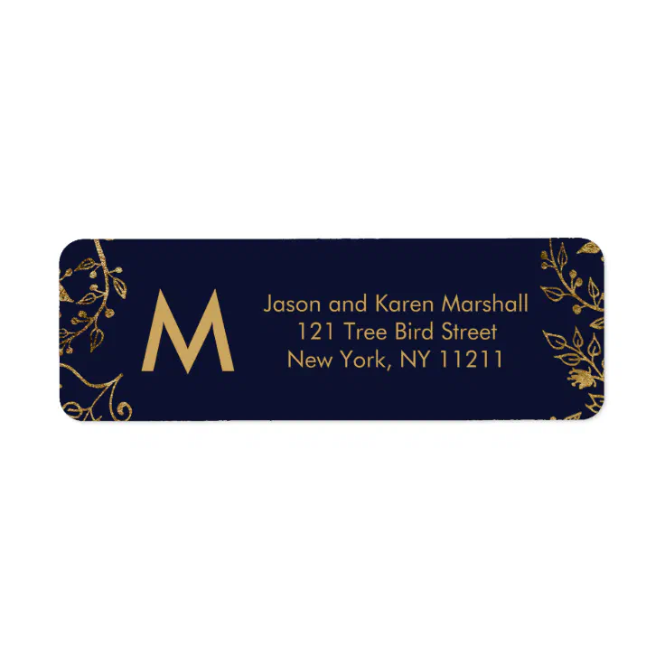 Elegant Navy Blue Gold Floral Address Label | Zazzle