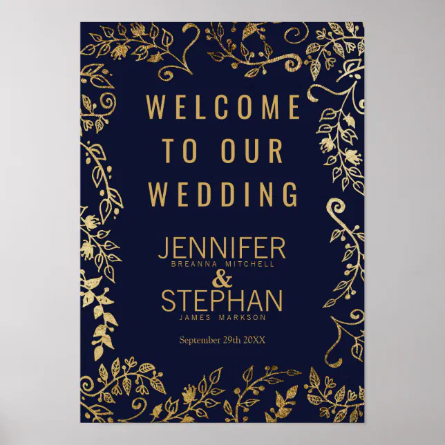 Elegant Navy Blue Gold Floral Welcome Poster | Zazzle