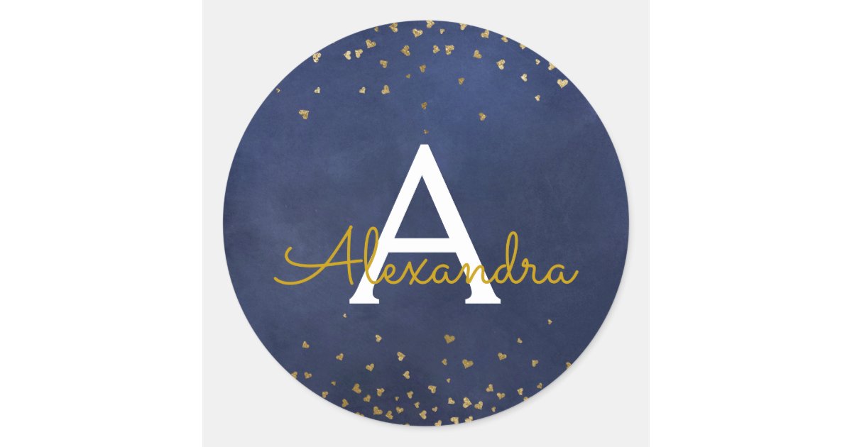 Elegant Navy Blue - Gold Foil Confetti Monogram Classic Round Sticker ...
