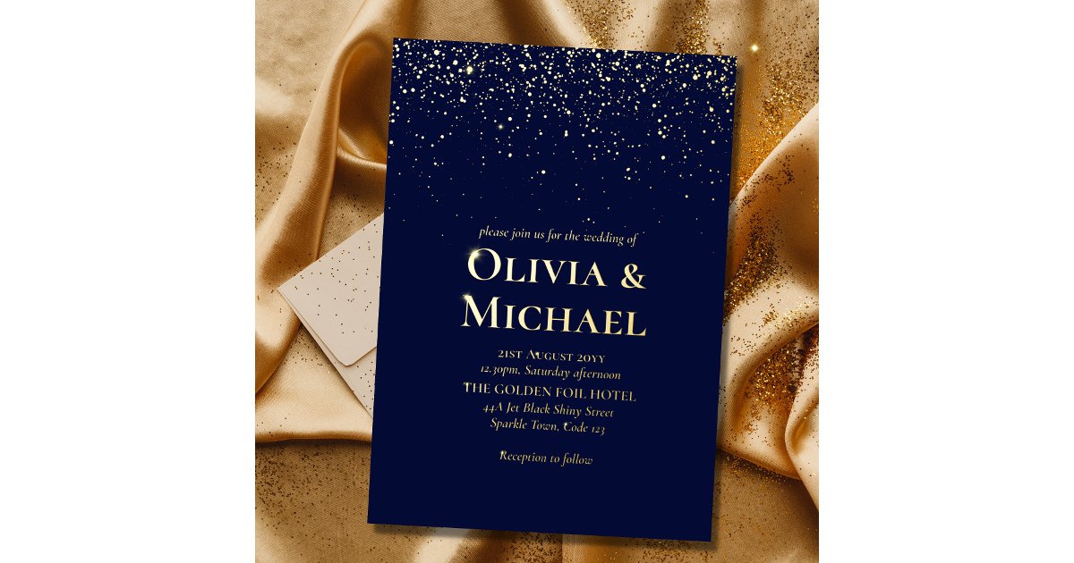 Elegant Navy Blue Gold Foil Wedding Foil Invitation | Zazzle