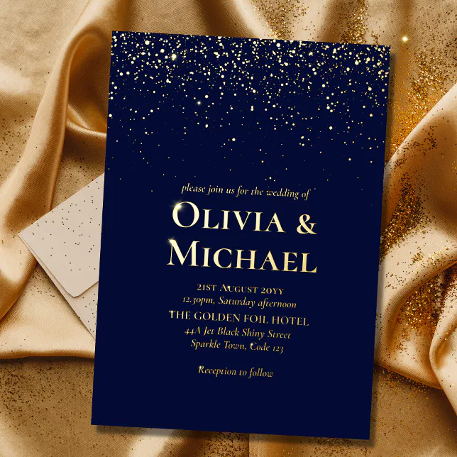 Elegant Navy Blue Gold Foil Wedding Foil Invitation | Zazzle