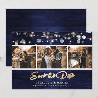 Elegant Navy Blue Gold Foil Wood Wedding Photo Save The Date | Zazzle