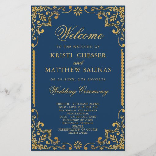 Elegant Navy Blue Gold Frame Wedding Program Card | Zazzle