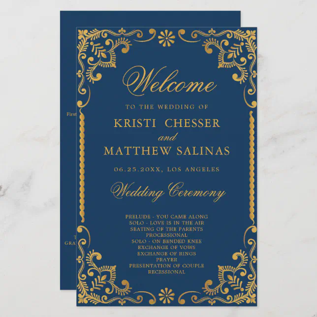 Elegant Navy Blue Gold Frame Wedding Program Card | Zazzle