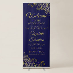 Elegant Navy Blue & Gold Lacy Wedding Welcome Retractable Banner | Zazzle