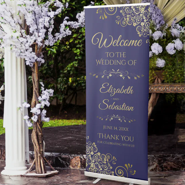 Elegant Navy Blue & Gold Lacy Wedding Welcome Retractable Banner | Zazzle