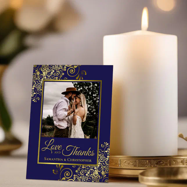 Elegant Navy Blue & Gold Love & Thanks Wedding Thank You Card | Zazzle