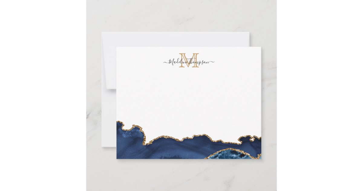 Elegant Navy Blue Gold Marble Agate Monogram Note Card | Zazzle