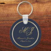 Elegant Navy Blue Gold Monogram Script Wedding Keychain | Zazzle