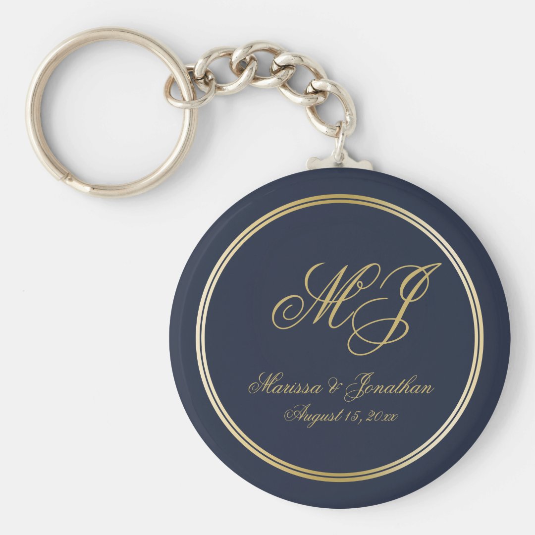 Elegant Navy Blue Gold Monogram Script Wedding Keychain | Zazzle
