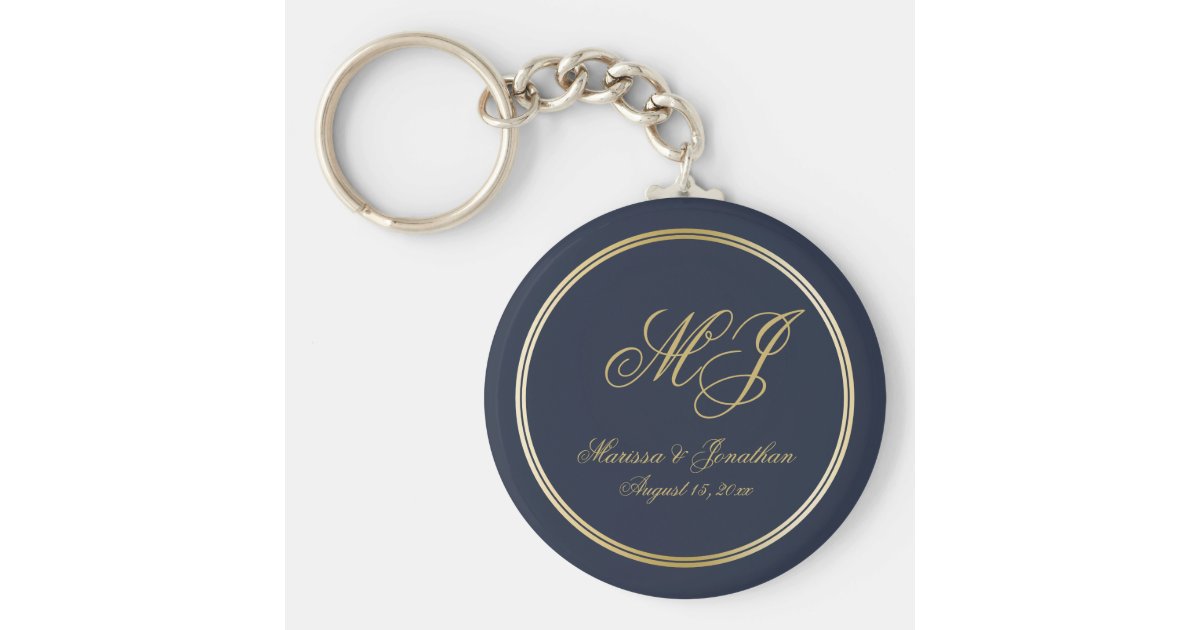 Elegant Navy Blue Gold Monogram Script Wedding Keychain | Zazzle