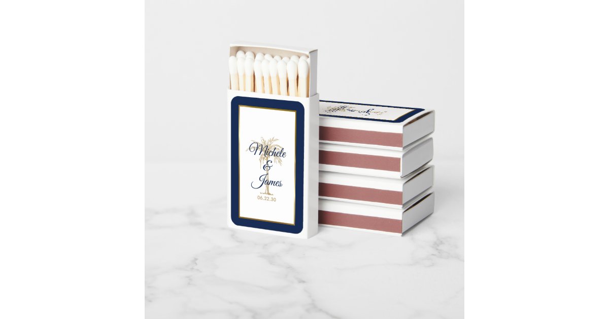 Elegant Navy Blue Gold Palm Tree Modern Wedding Matchboxes | Zazzle
