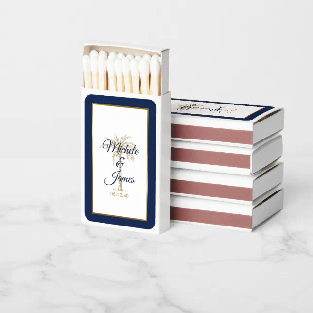 Elegant Navy Blue Gold Palm Tree Modern Wedding Matchboxes | Zazzle