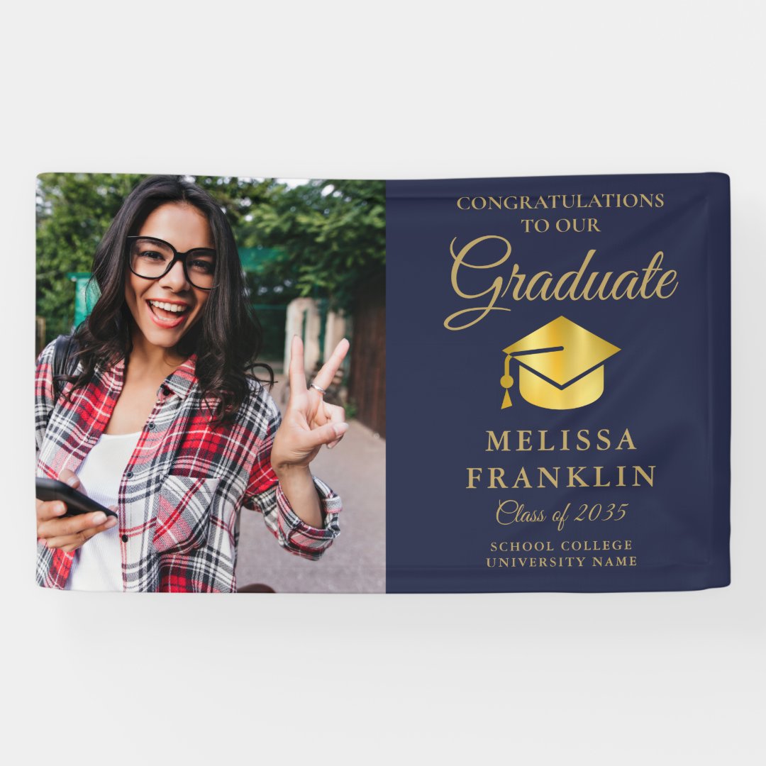 Elegant Navy Blue Gold Photo Graduation Banner | Zazzle