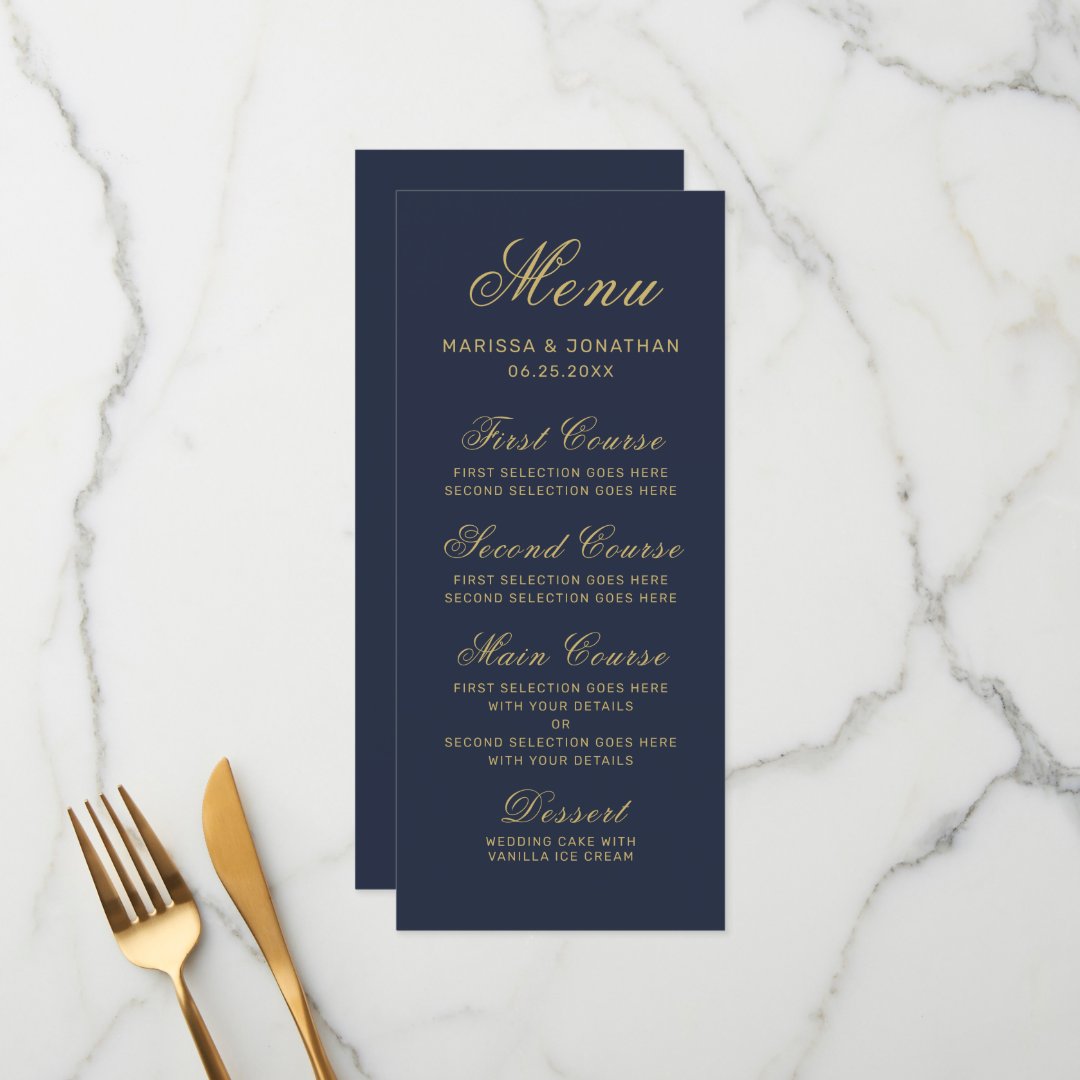 Elegant Navy Blue Gold Script Wedding Menu | Zazzle