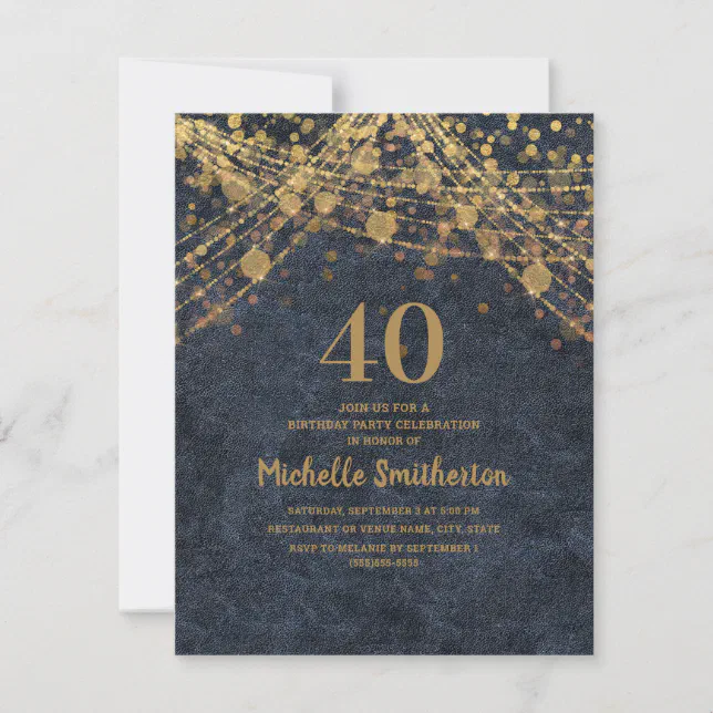 Elegant Navy Blue Gold String Lights 40th Birthday Invitation | Zazzle