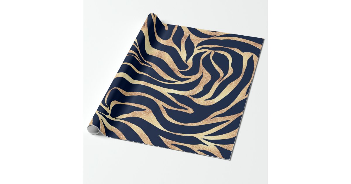 Elegant Navy Blue Gold Zebra Print Wrapping Paper | Zazzle