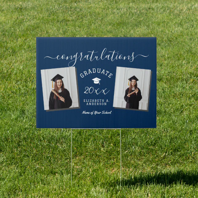 Elegant Navy Blue Graduate 2 Photo Graduation Sign | Zazzle