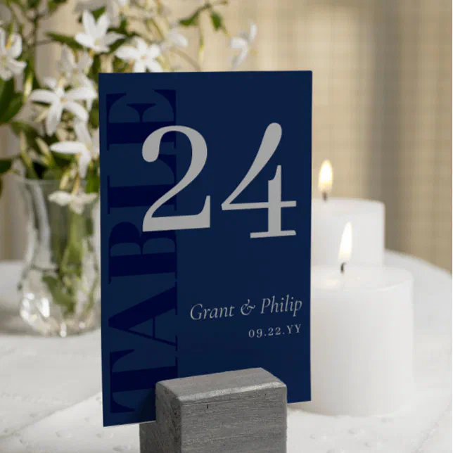 Elegant Navy Blue Gray Typography Table Number | Zazzle