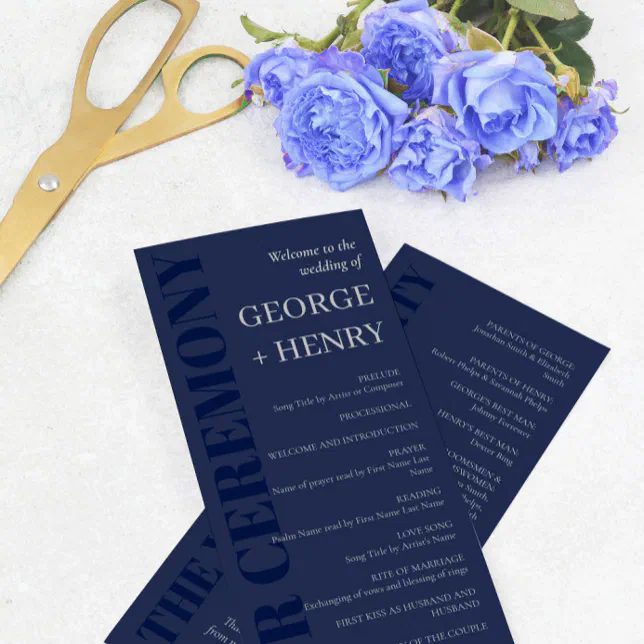 Elegant Navy Blue Gray Typography Wedding Program | Zazzle