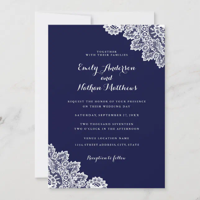 Elegant Navy Blue Lace Wedding Invitation | Zazzle