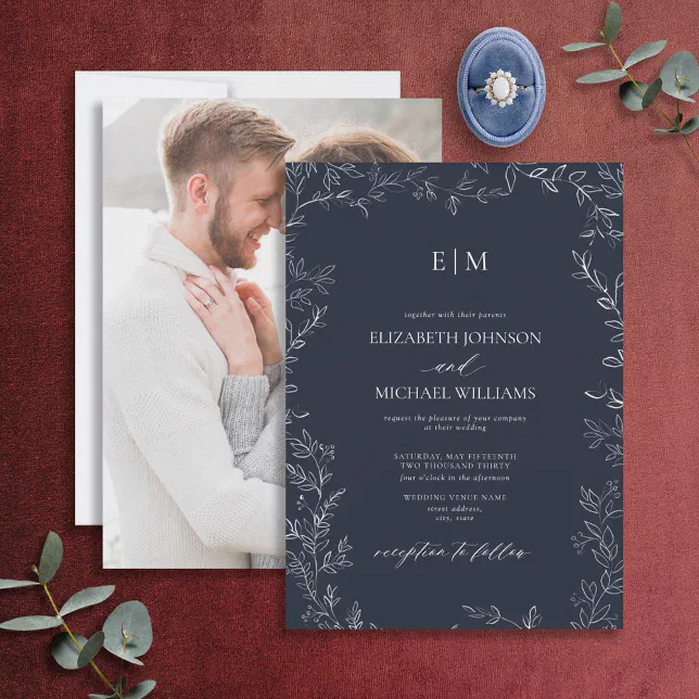Elegant Navy Blue Leaf Photo Monogram Wedding Invitation | Zazzle