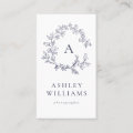 Elegant Navy Blue Monogram QR Code Floral Crest Business Card | Zazzle