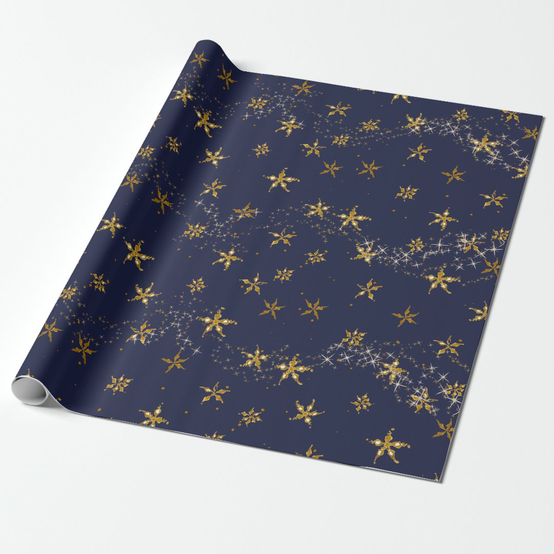 Elegant Navy Blue n Gold Snowflake Christmas Stars Wrapping Paper | Zazzle