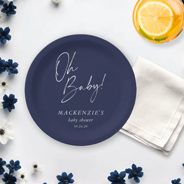 Elegant Navy Blue Oh Baby Baby Shower Paper Plates | Zazzle