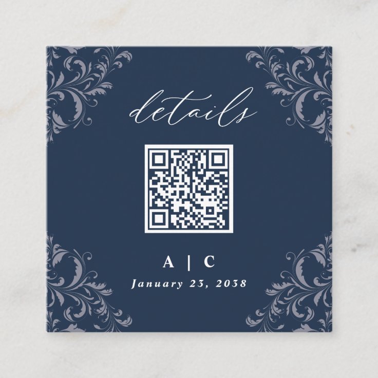Elegant Navy Blue QR Code Wedding Details Enclosur Enclosure Card | Zazzle