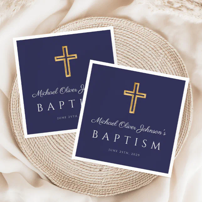 Elegant Navy Blue Religious Cross Boy Baptism Napkins | Zazzle