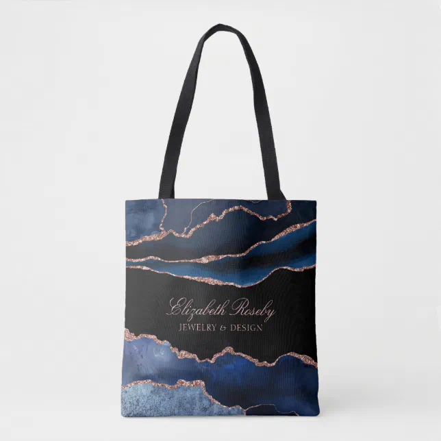 Elegant Navy Blue Rose Gold Agate Geode Business Tote Bag | Zazzle