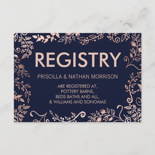 Elegant Navy Blue Rose Gold Floral Gift Registry Enclosure Card | Zazzle