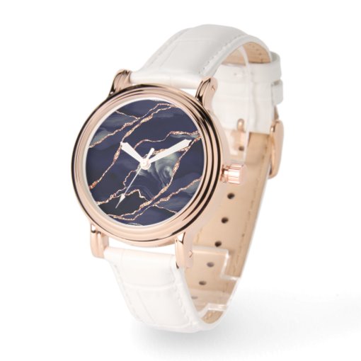 Elegant Navy Blue Rose Gold Foil Agate Watch | Zazzle