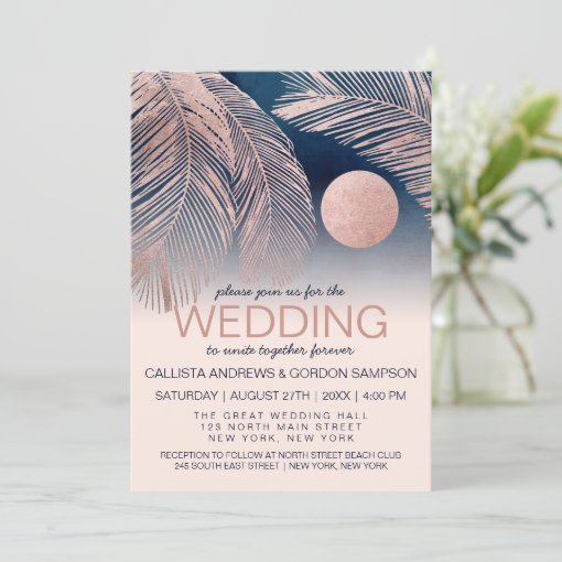 Elegant Navy Blue Rose Gold Pink Palm Tree Wedding Invitation | Zazzle