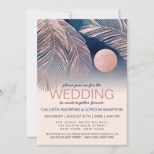 Elegant Navy Blue Rose Gold Pink Palm Tree Wedding Invitation | Zazzle