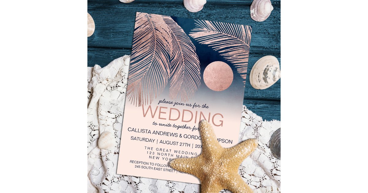 Elegant Navy Blue Rose Gold Pink Palm Tree Wedding Invitation | Zazzle